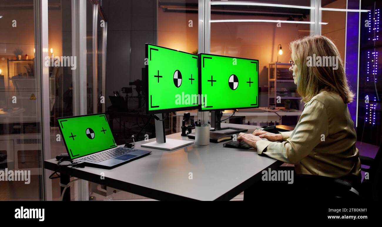 Productive Woman at Office Desk, Using Computer Screen Stock Photo - Alamy