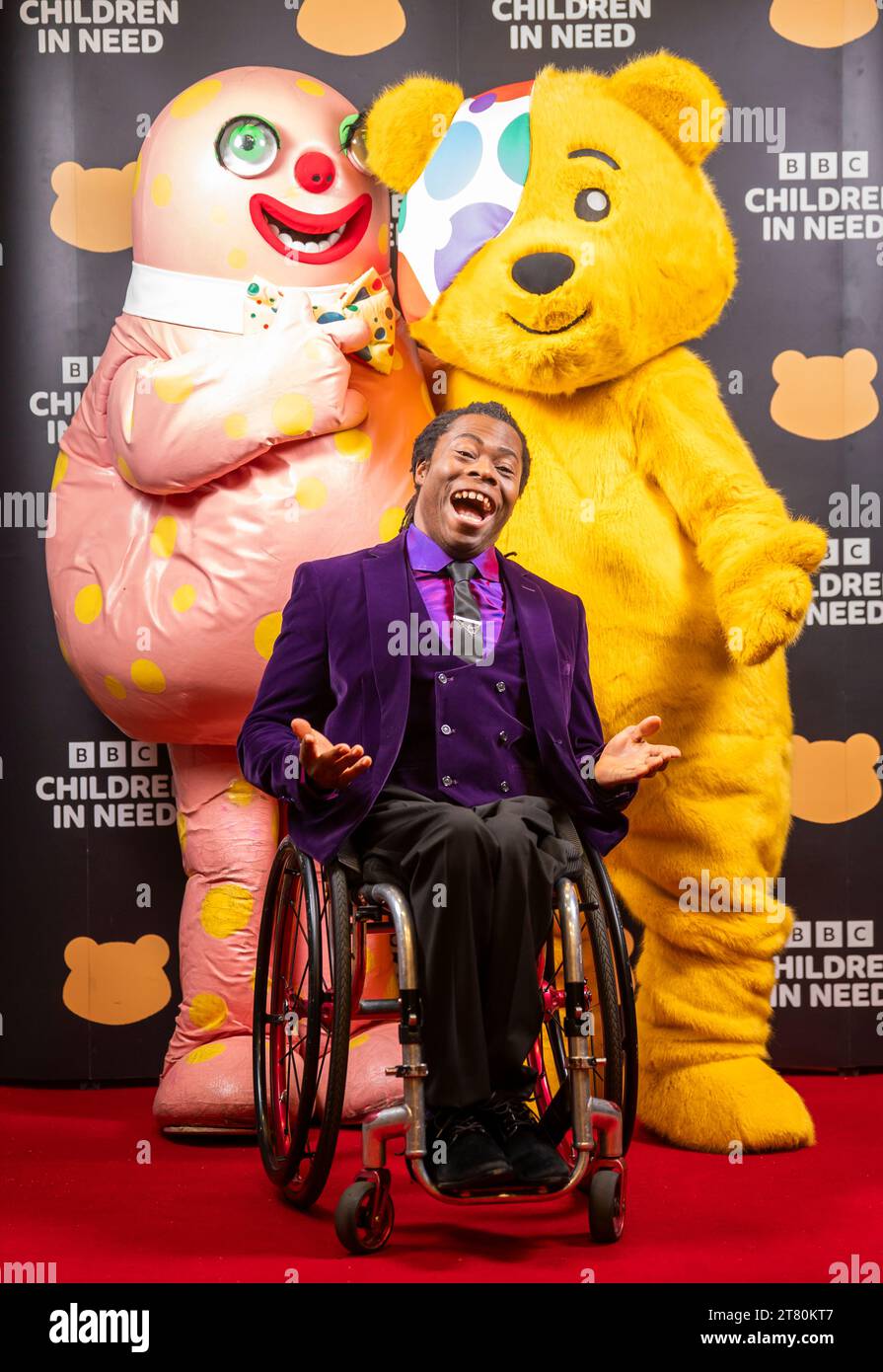 Ade Adepitan with Mr Blobby and Pudsey Bear at the BBC Children In Need ...