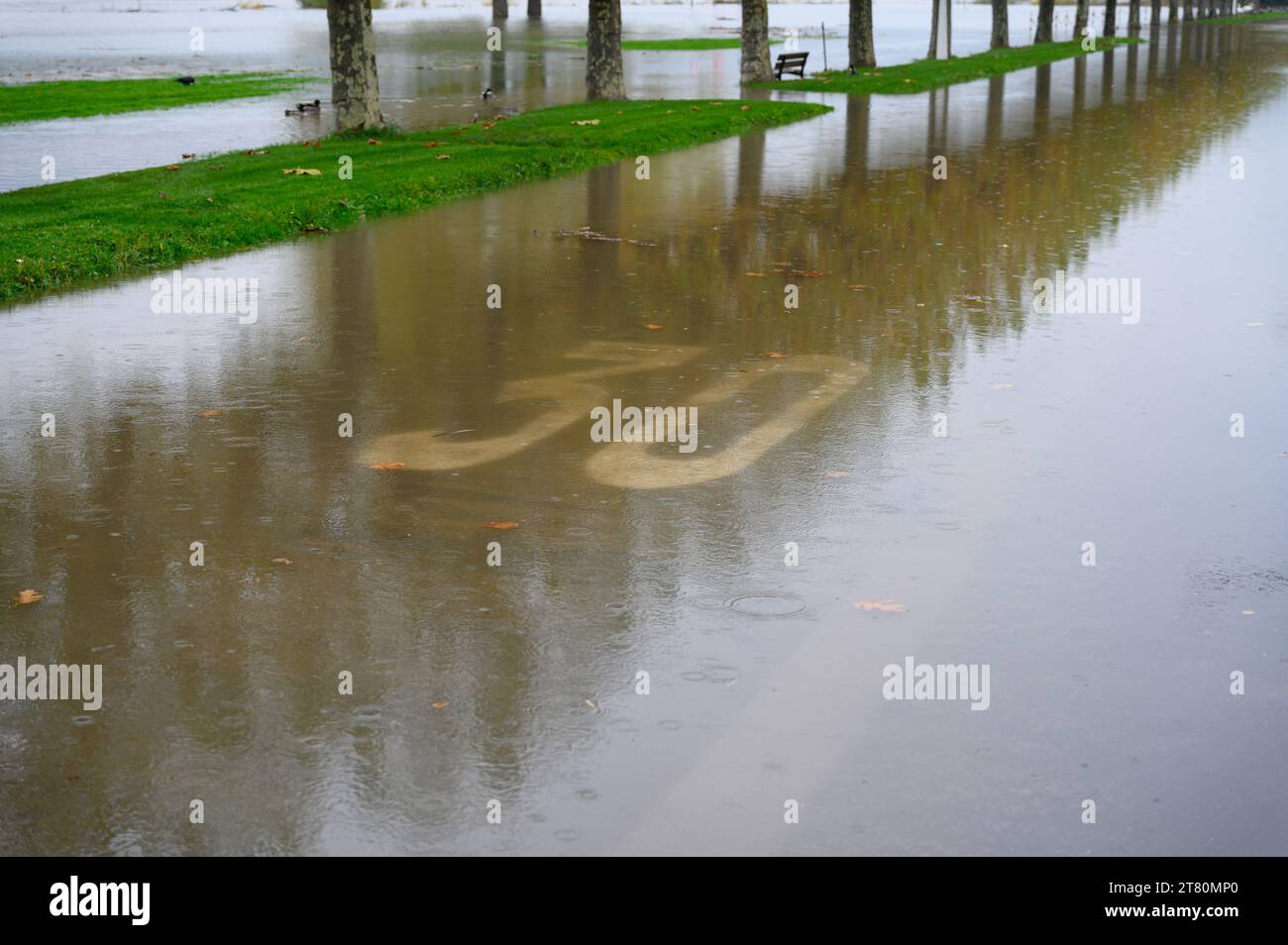 Road marking saying 30 is flooded by water after the Rhine river ...
