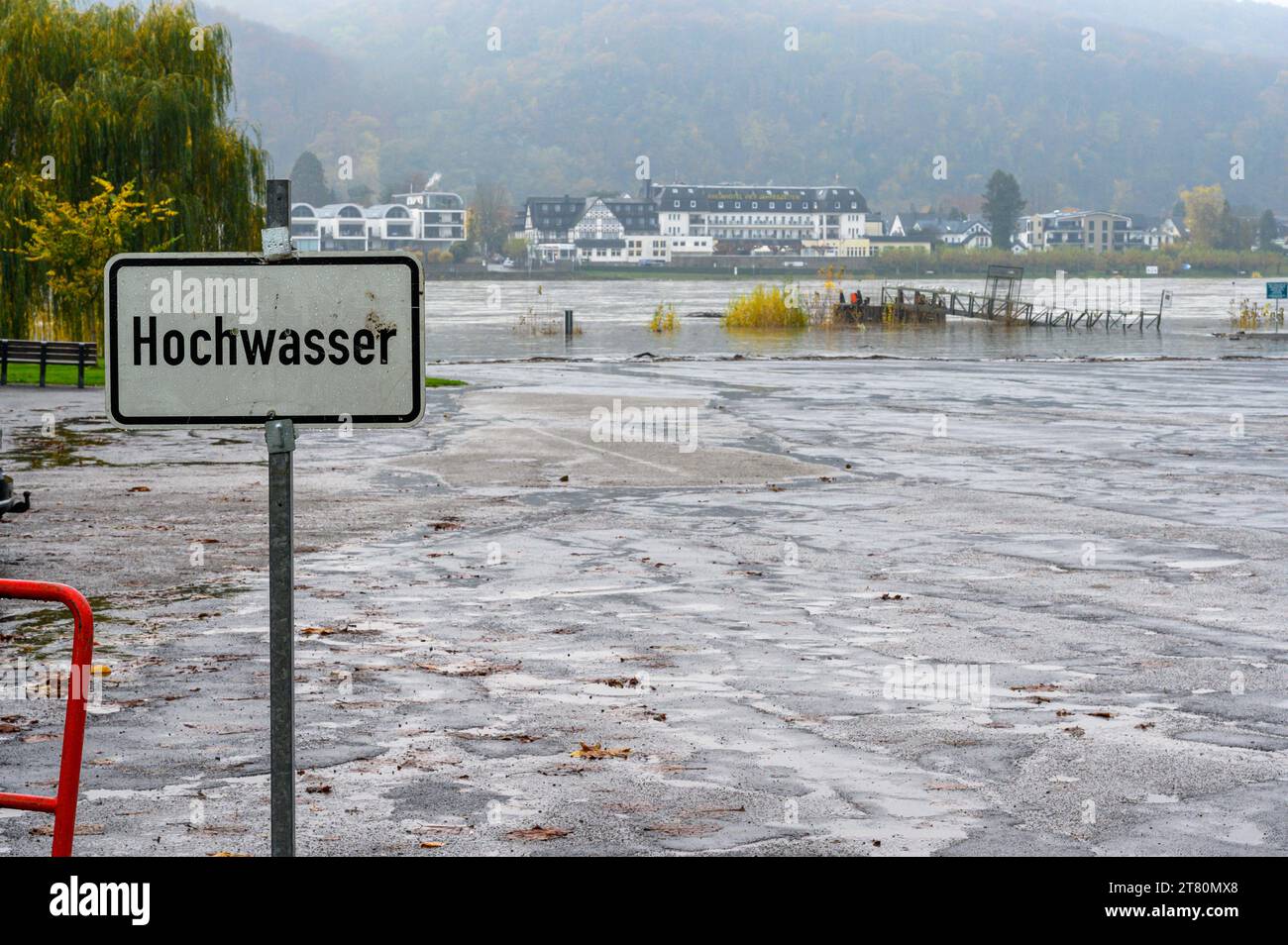 High water or "Hochwasser" sign in Germany on a parking lot in front of ...