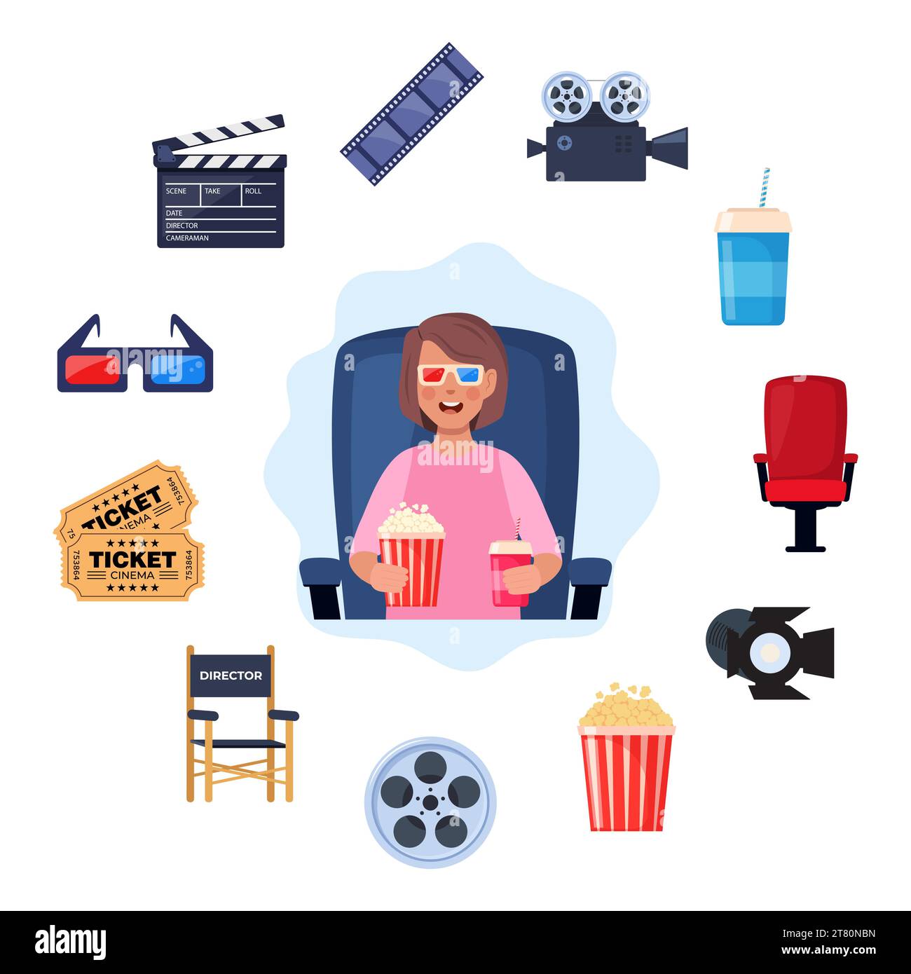 Kid watching movie with 3d glasses. Soda and popcorn in kids hands ...