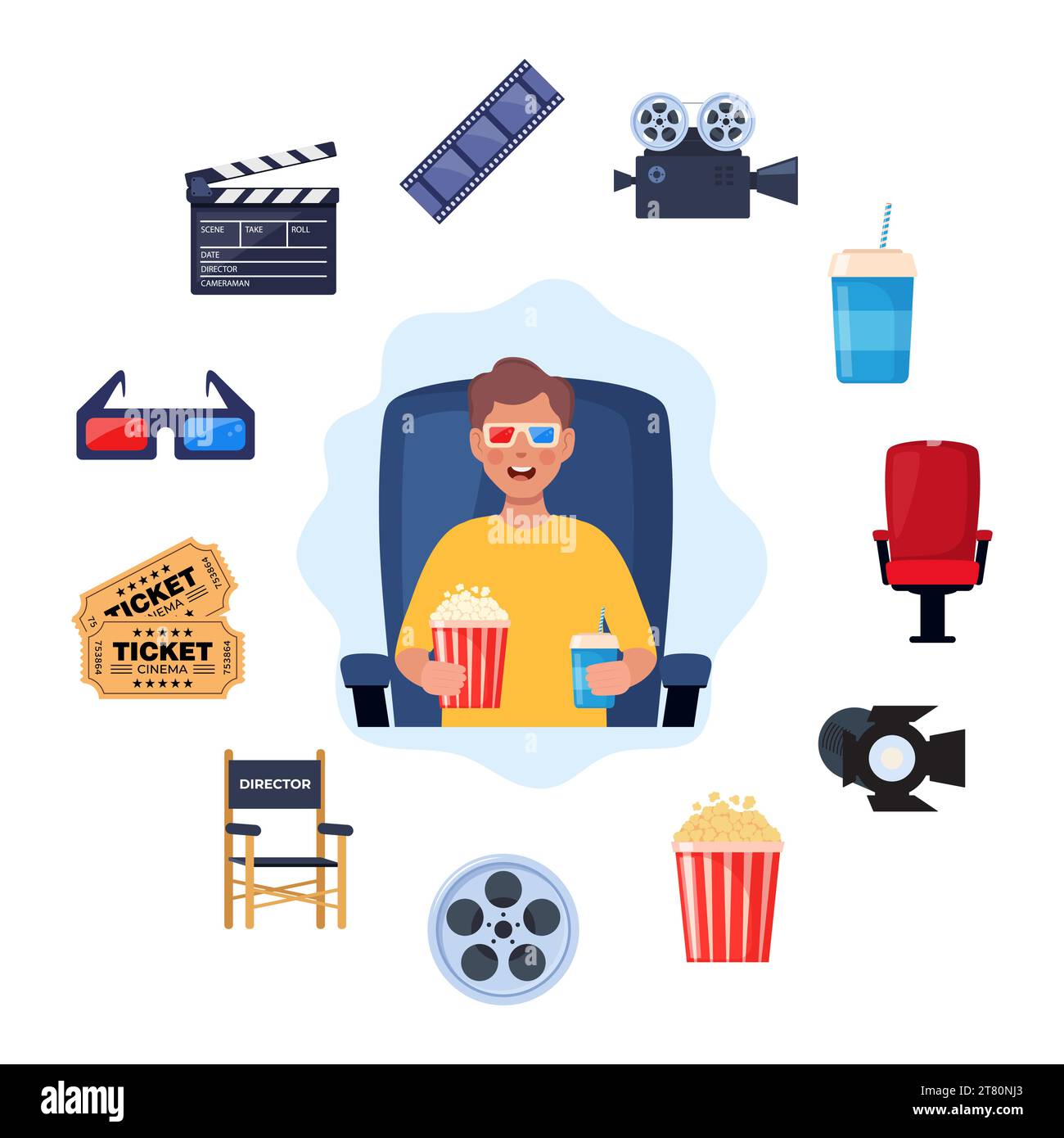 Kid watching movie with 3d glasses. Soda and popcorn in kids hands ...