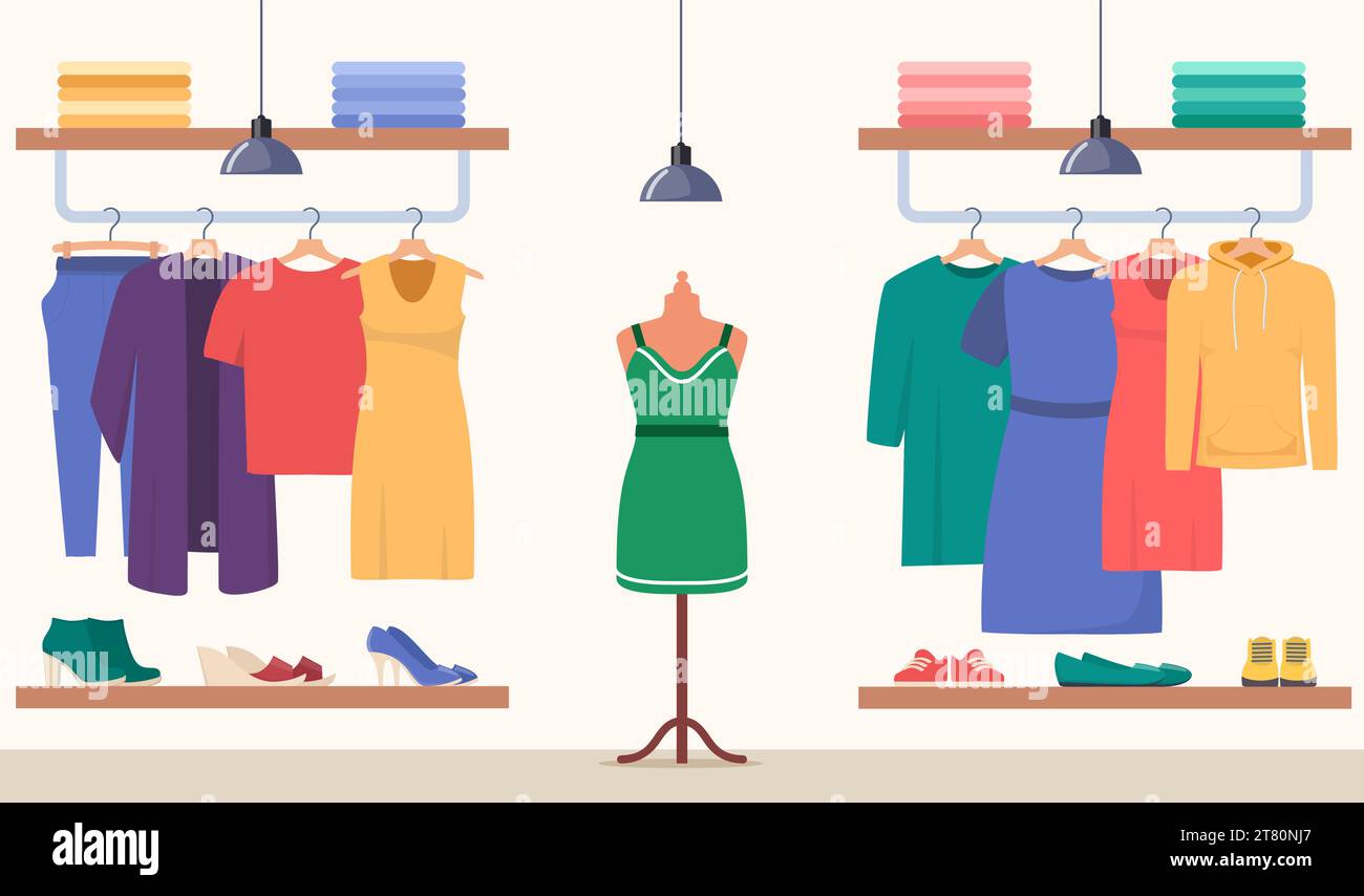 Clothing store. Clothes shop interior, boutique. Various women's and ...