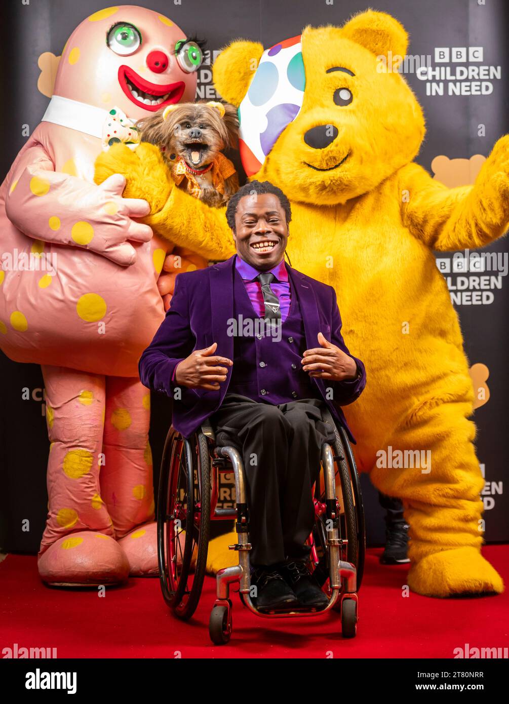 Ade Adepitan with Mr Blobby, Dodge the Dog and Pudsey Bear at the BBC ...
