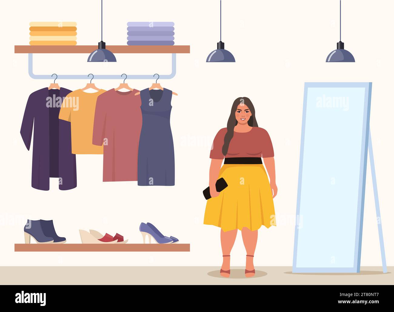 Woman stands near clothes rack and mirror, chooses clothes in fashion ...