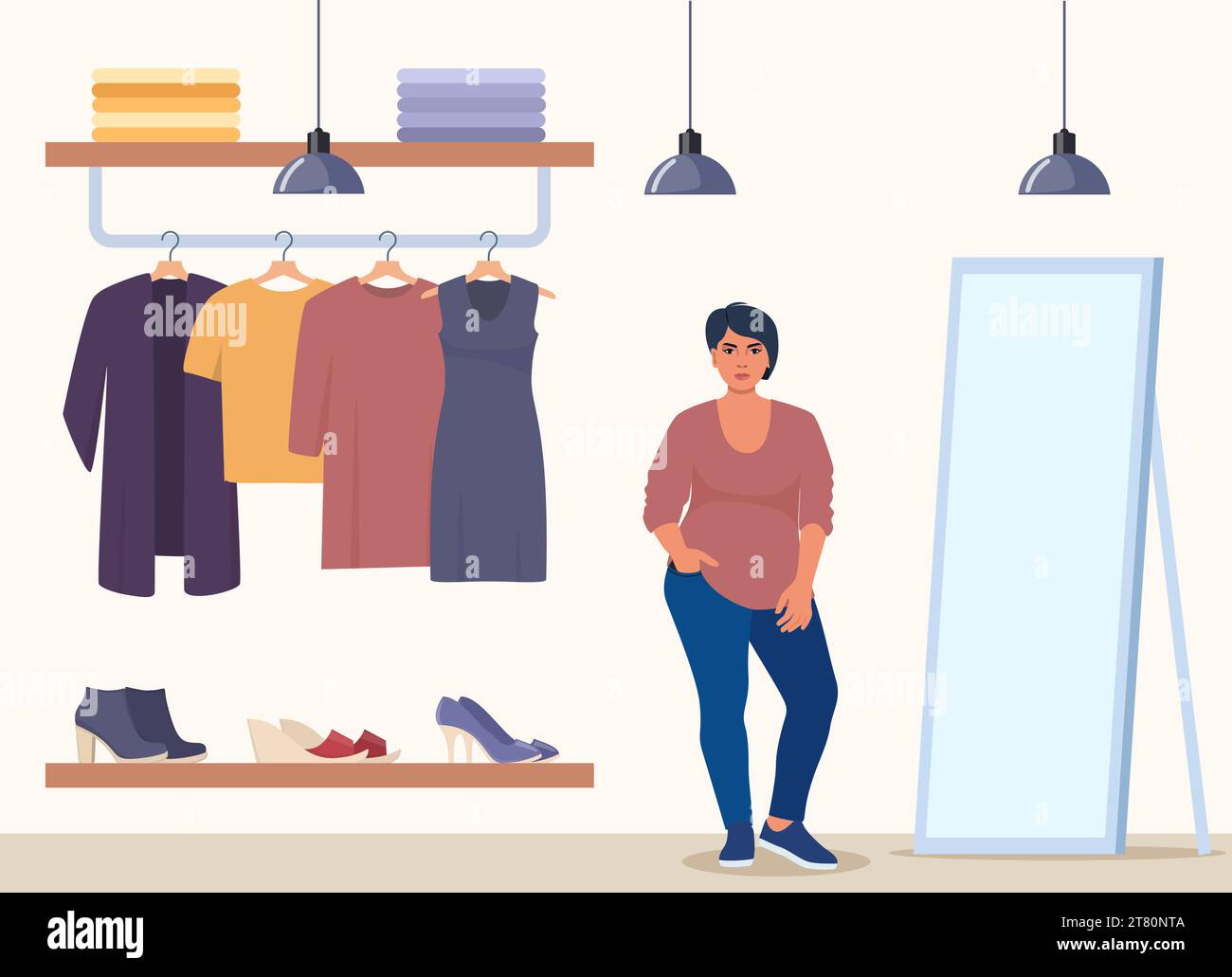 Woman stands near clothes rack and mirror, chooses clothes in fashion ...