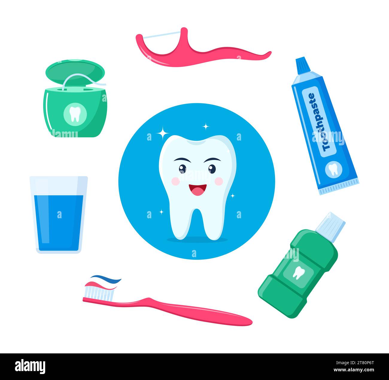 Healthy happy tooth character surrounded by dental cleaning tools, oral ...