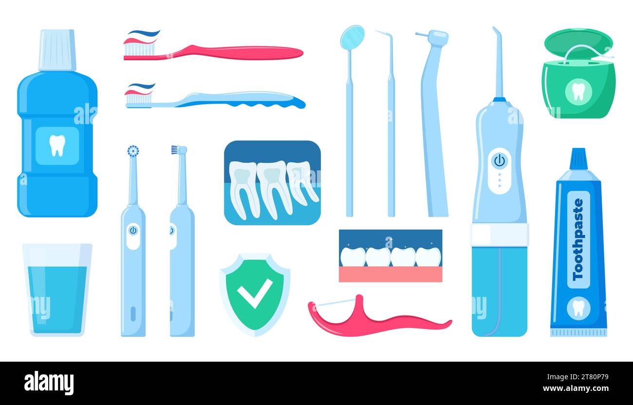 Dental cleaning tools. Oral care and hygiene products. Toothbrush ...