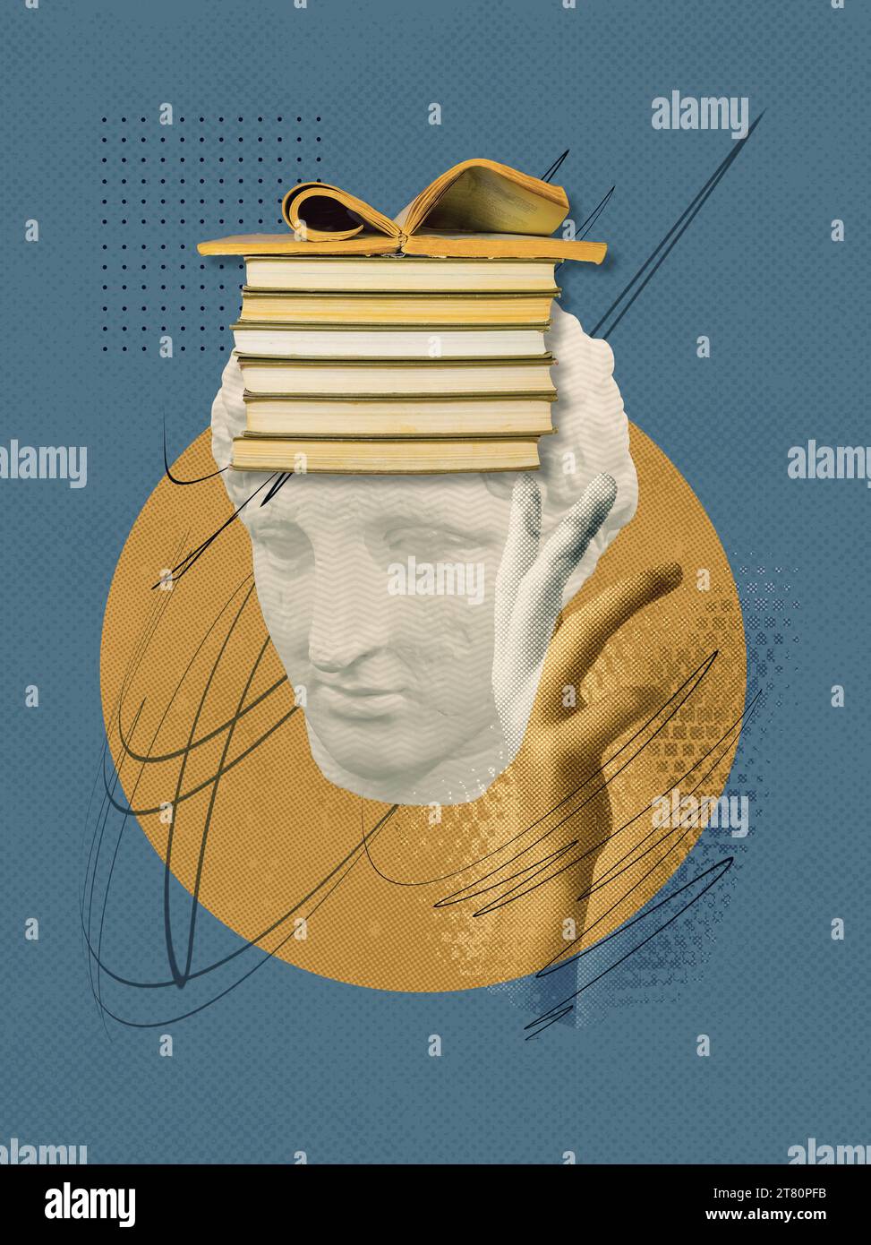 Abstract human antique statue and human hand, books. Creative idea ...