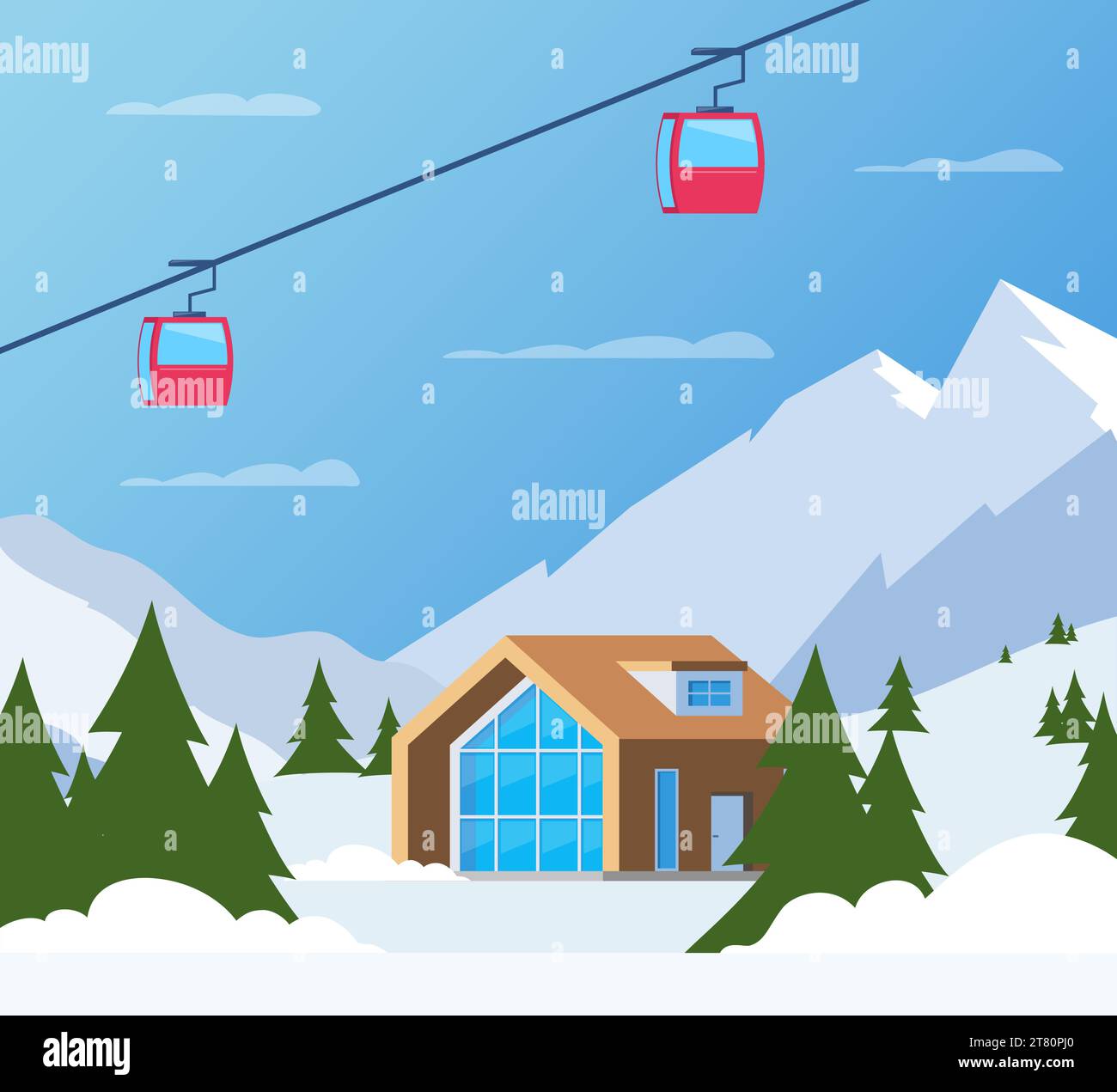 Ski resort. Winter mountain landscape with lodge, ski lift. Winter ...
