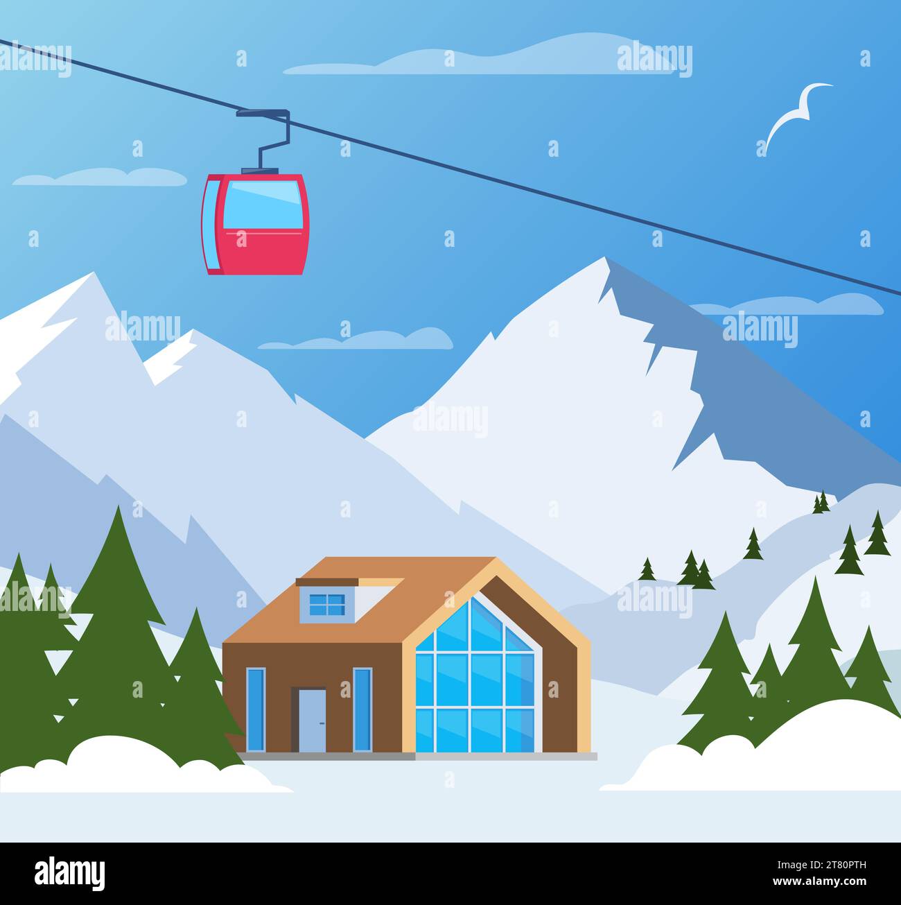 Ski resort. Winter mountain landscape with lodge, ski lift. Winter ...
