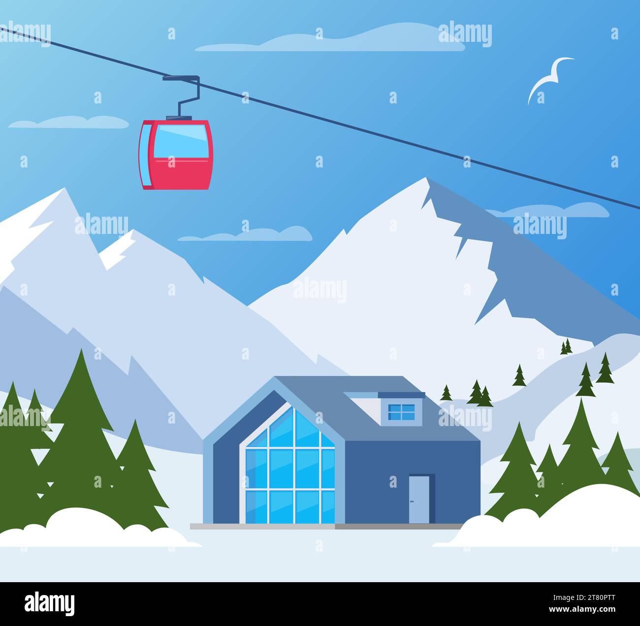 Ski resort. Winter mountain landscape with lodge, ski lift. Winter ...