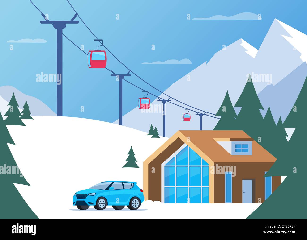 Ski resort. Winter mountain landscape with lodge, ski lift and car in ...