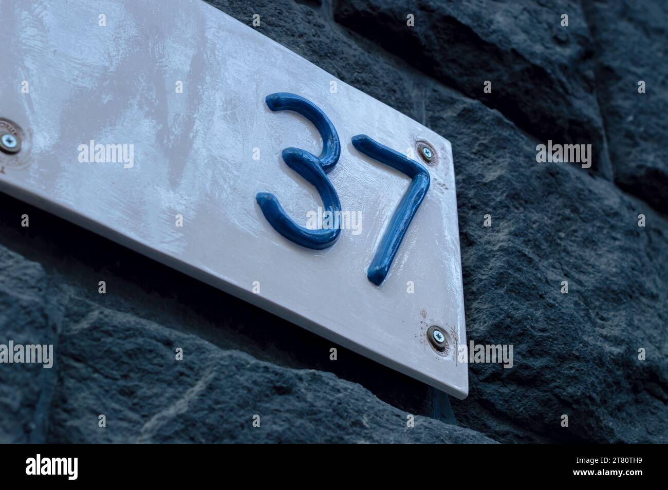 Number 37 building retro style white ceramic number plate with blue ...