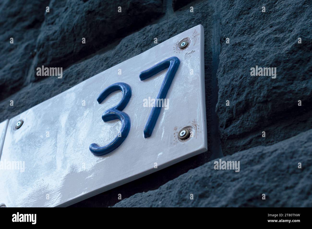Number 37 building retro style white ceramic number plate with blue ...