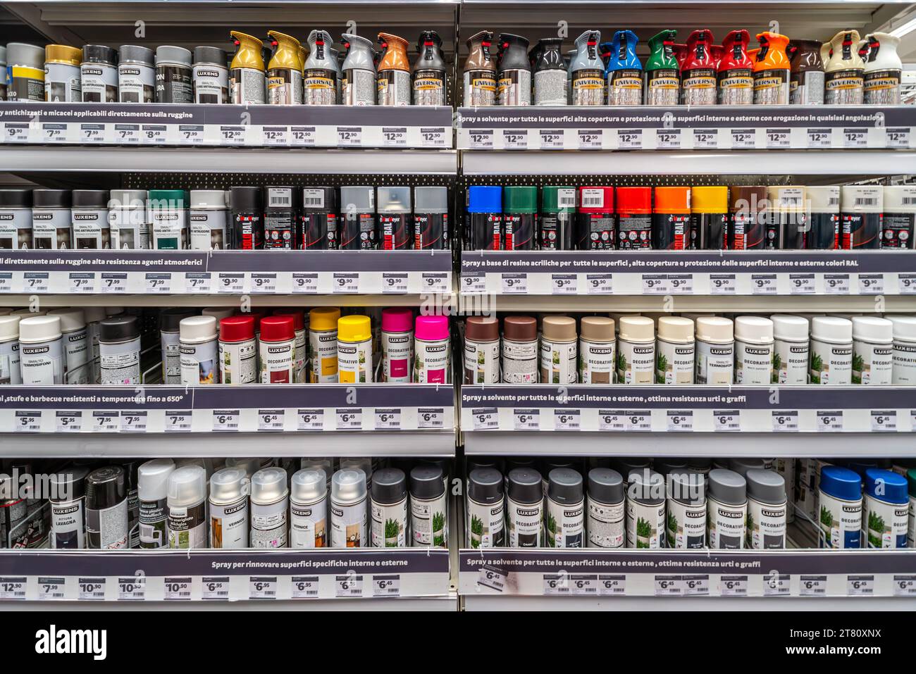 Italy - November 15, 2023: Paint in spray cans of various types and ...