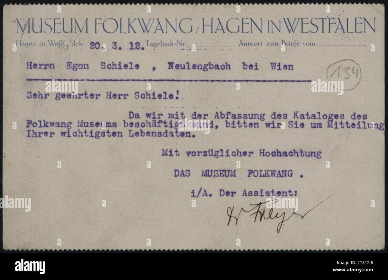 Museum Folkwang Postcard from Dr. Freyer, Museum Folkwang, to Egon ...