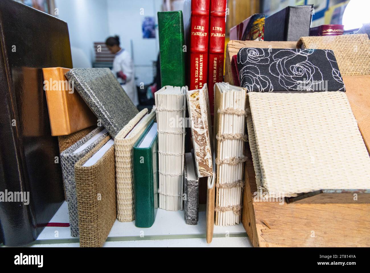 Tunis, Tunisia. March 11, 2023. Hand bound books at a book binders shop ...
