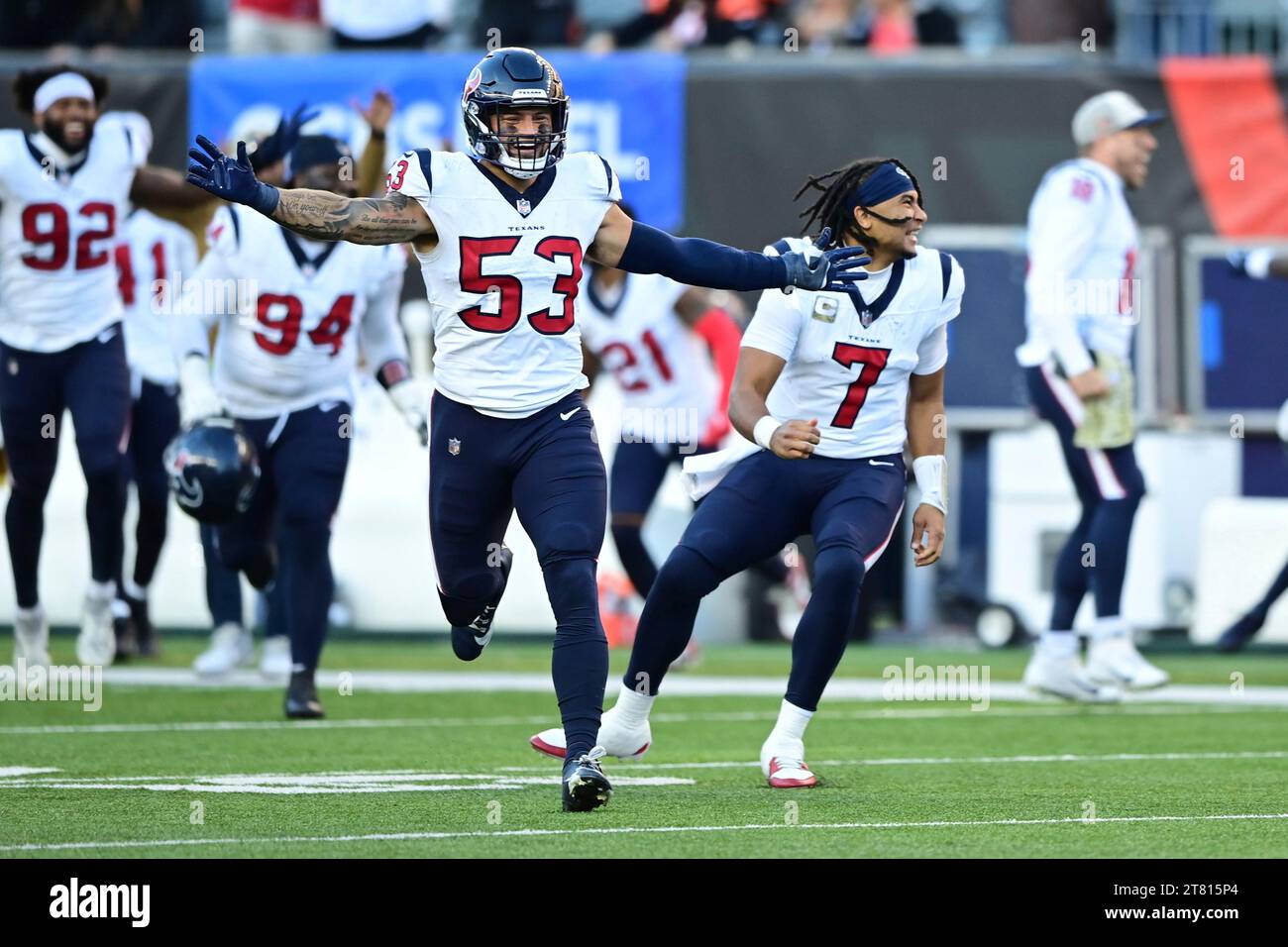 Houston Texans linebacker Blake Cashman (53) celebrates a win over the ...