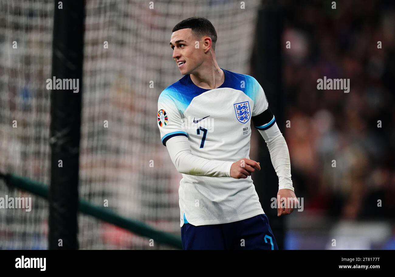 England's Phil Foden celebrates after his effort is turn in by Malta's ...