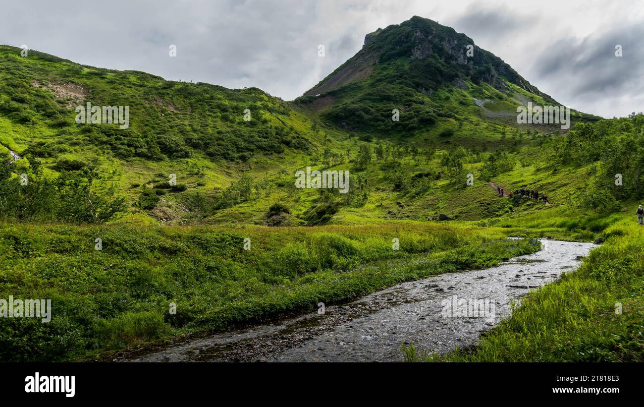 The scenic river goes through the Vachkazhets valley at Kamchatka krai, Russia, with beautiful ...