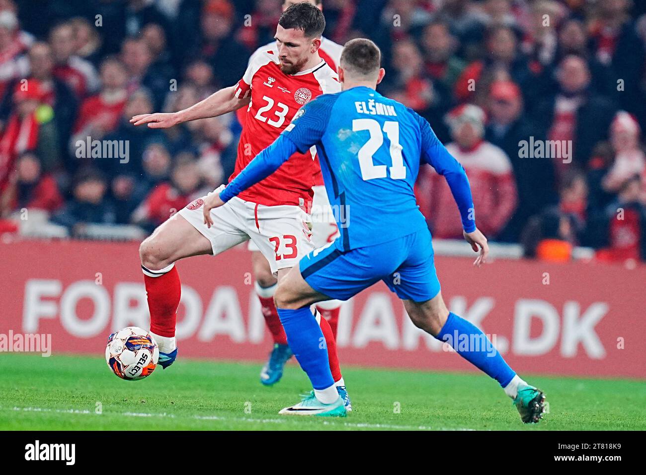 Denmark's Pierre Emile Hojbjerg (23) and Timi Max Elsnik , Slovenia (21 ...