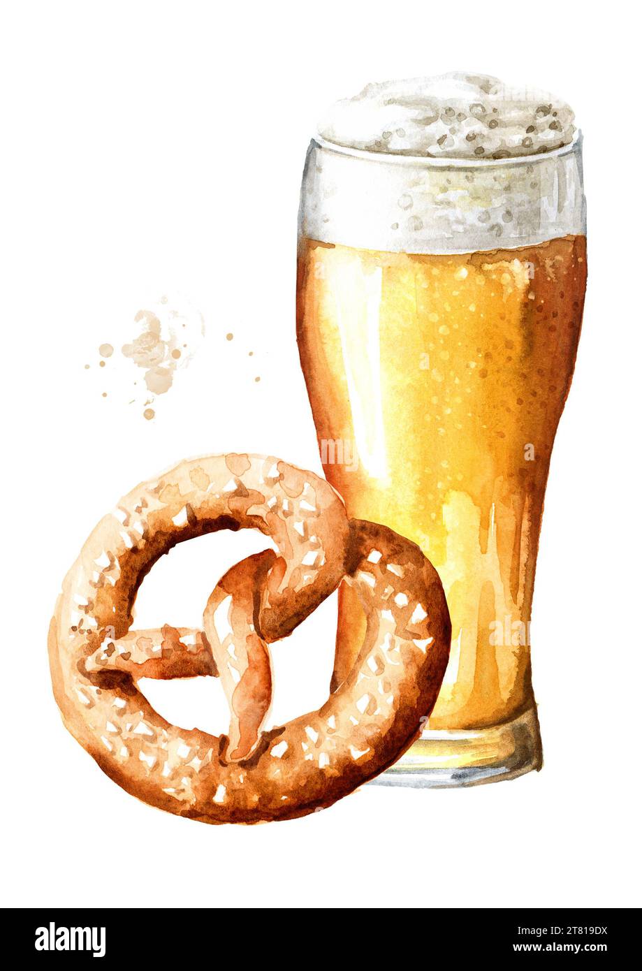 Glass of beer and Bavarian pretzel , Hand drawn watercolor illustration ...