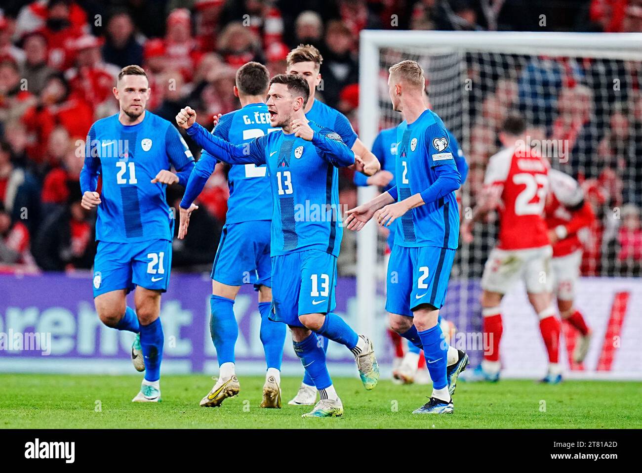 Slovenia's Erik Janza (13) celebrates after scoring during the Euro ...