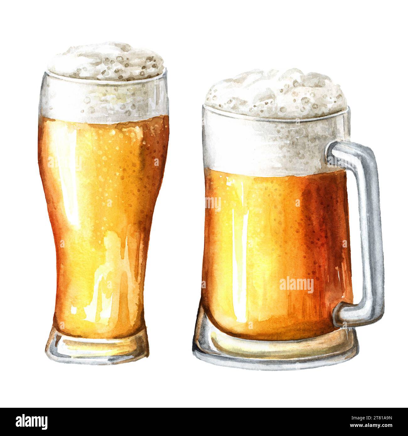Light beer glass and mug set, Hand drawn watercolor illustration ...
