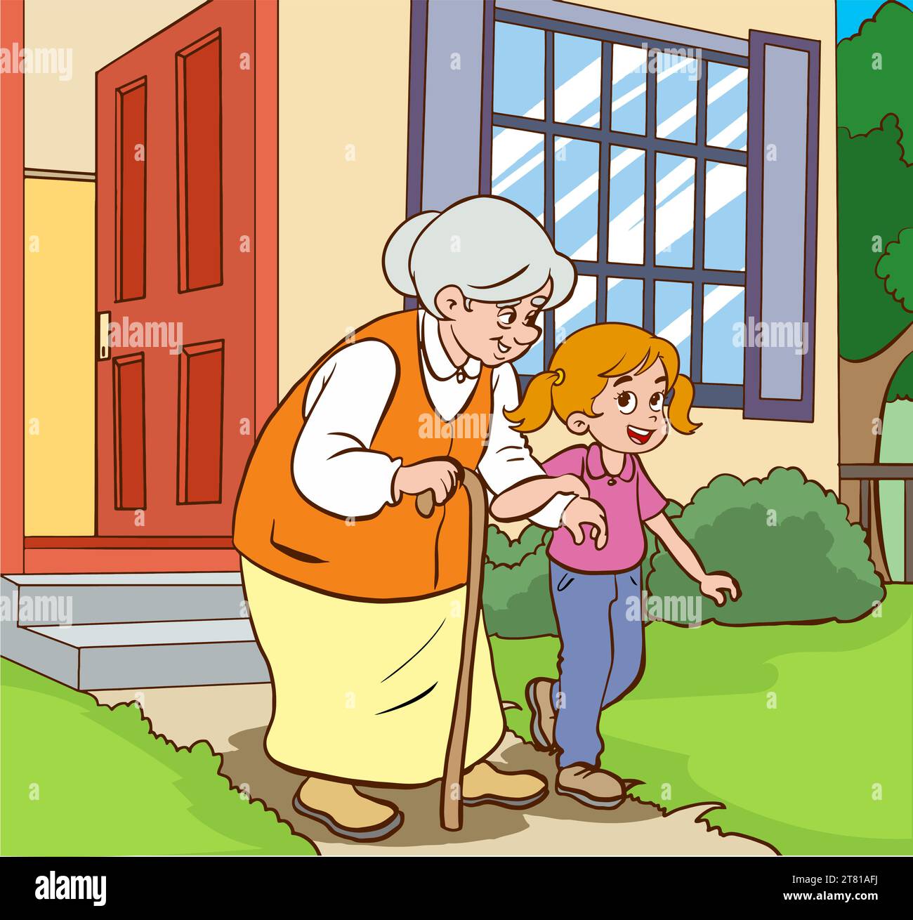 child helping old woman.old woman and child walking on crosswalk ...