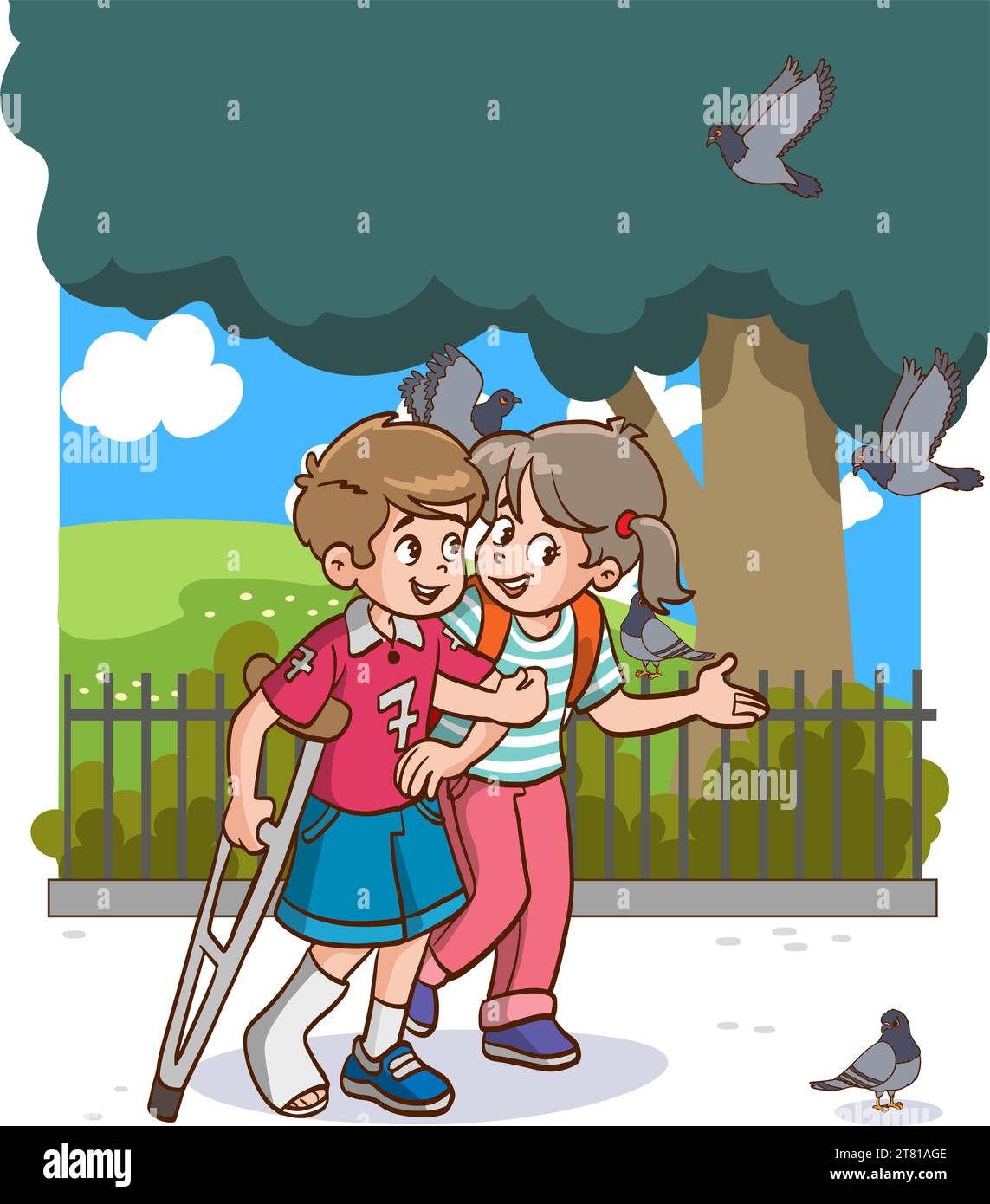 children Supporting Friend with Injured Leg, Friendship and Support ...
