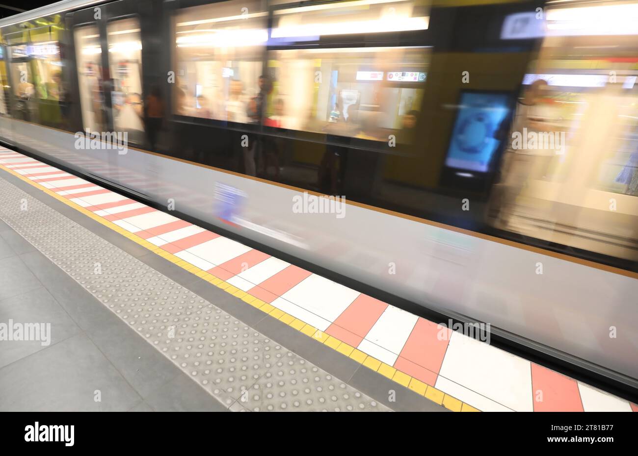 moving subway car at the departure in the underground terminus of the ...