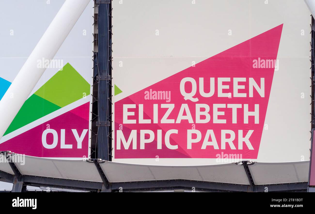 Close-up of Queen Elizabeth Olympic Park logo on a fabric canopy West ...