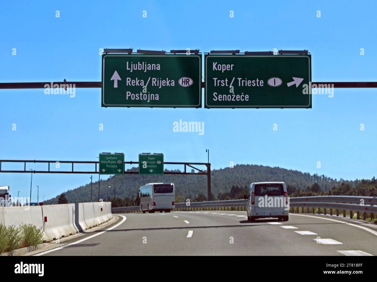 road signs on the Slovenian highway to reach the capital Ljubljana or ...