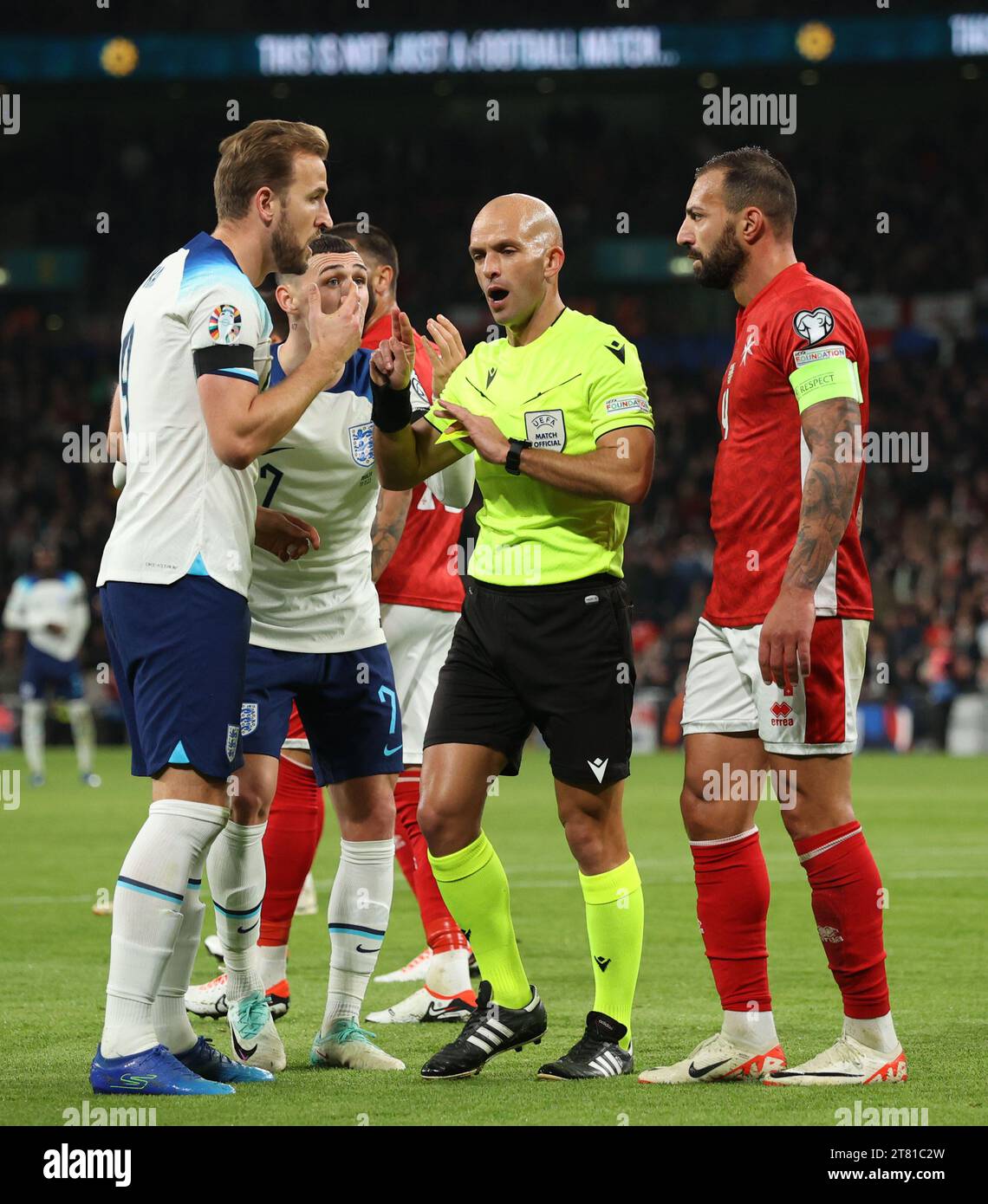 London, UK. 17th Nov, 2023. Harry Kane (E) brought down by Henry ...