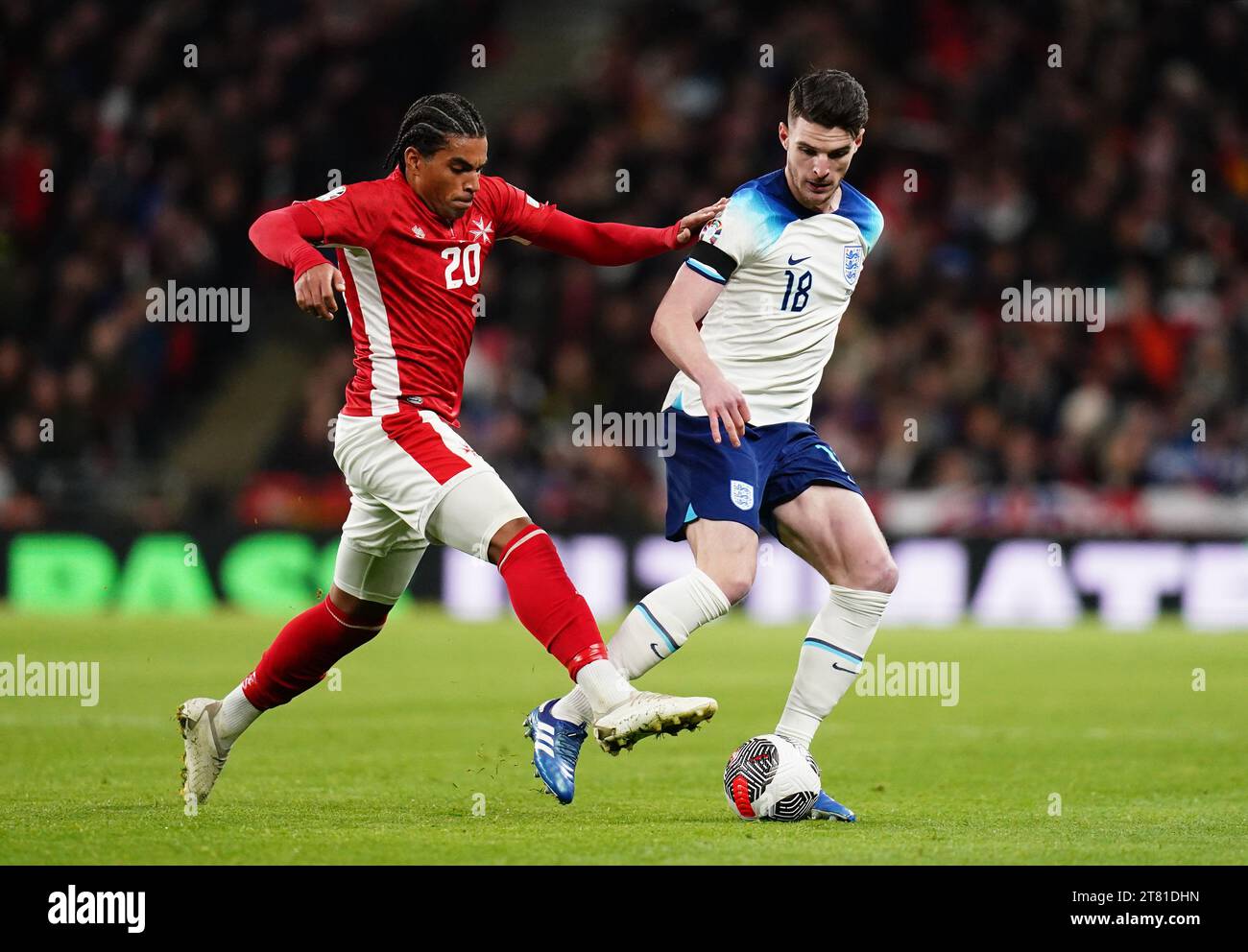 Malta's Yannick Yankam (left) and England's Declan Rice during the UEFA ...