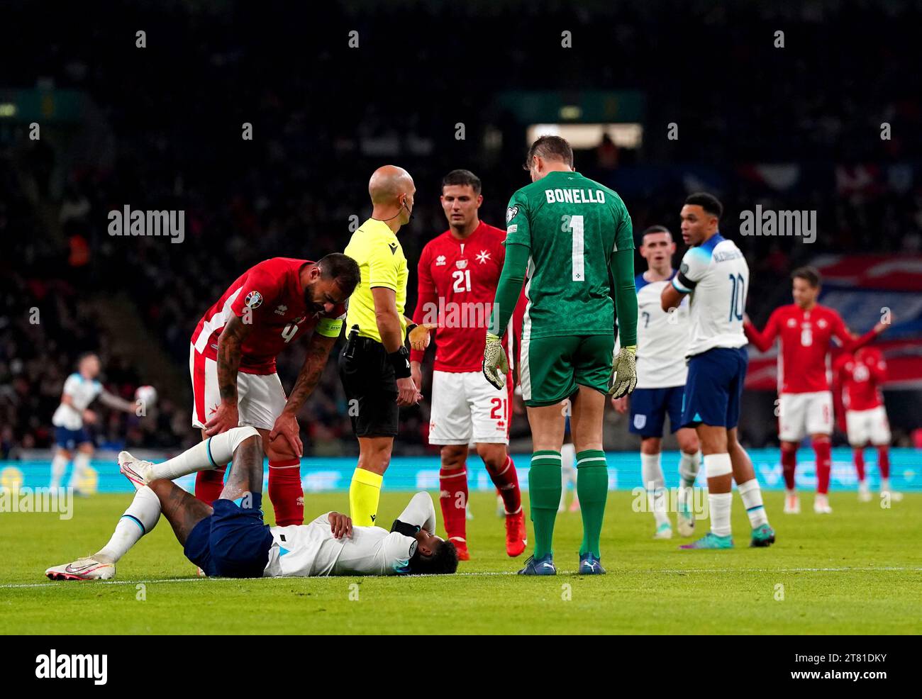 England's Marcus Rashford lies injured on the pitch during the UEFA ...