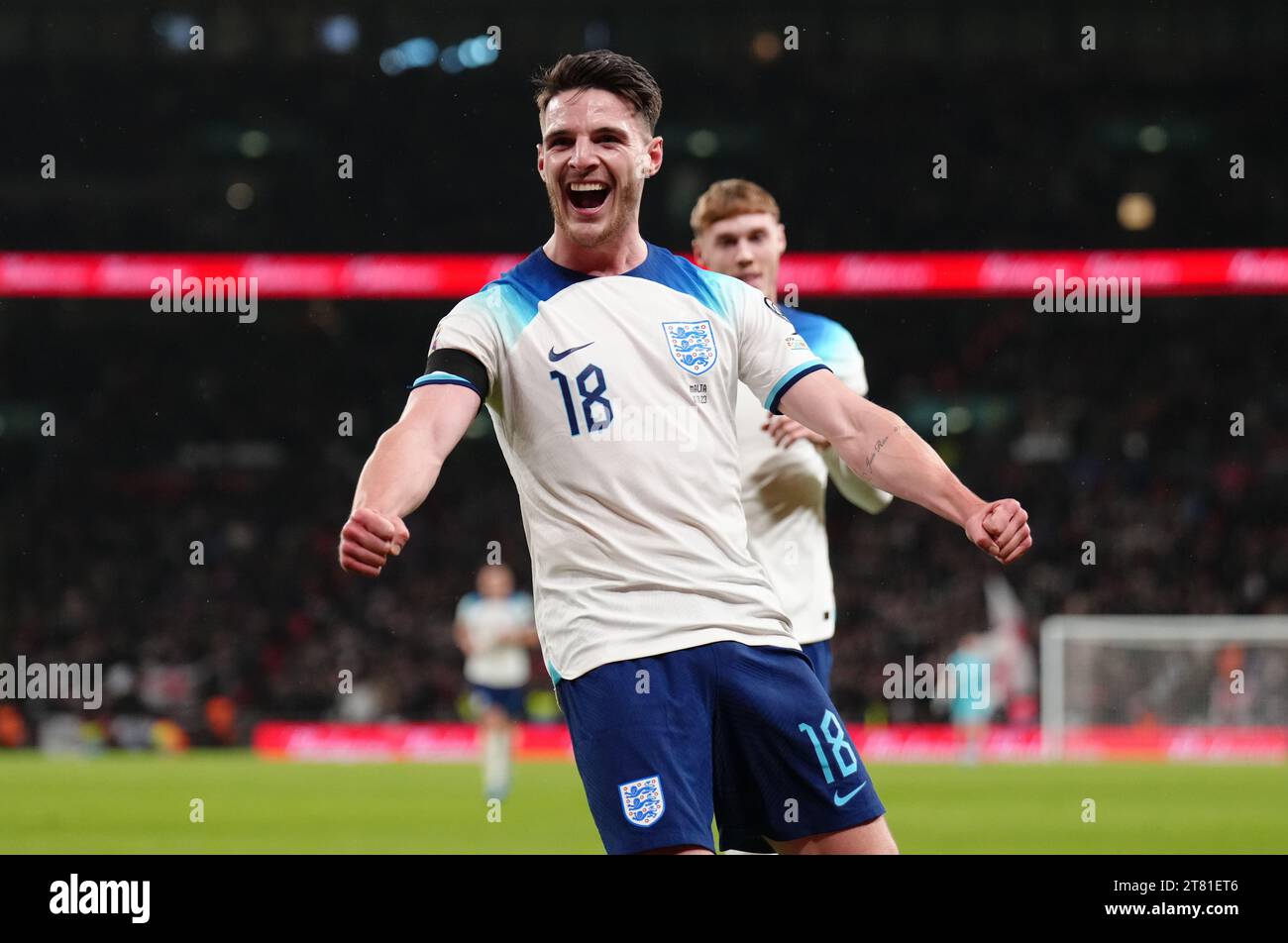 England's Declan Rice celebrates scoring a goal that is later ruled out ...