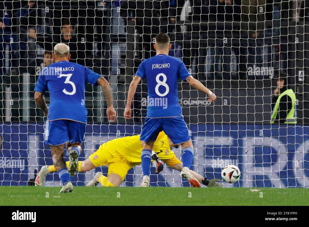 Rome, Italy. 17th Nov, 2023. Stole Dimitrievski, center, goalkeeper of North Macedonia, saves a ...
