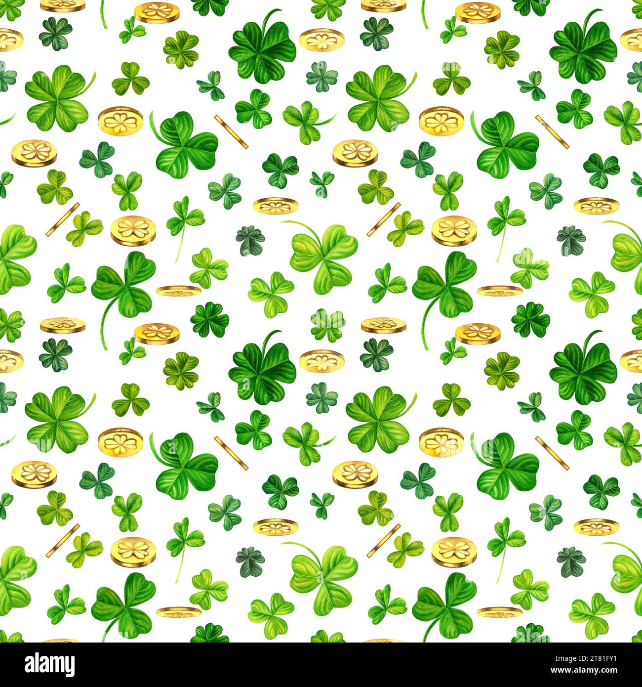 Watercolor seamless pattern with magic coins and trefoil and four-leaf ...