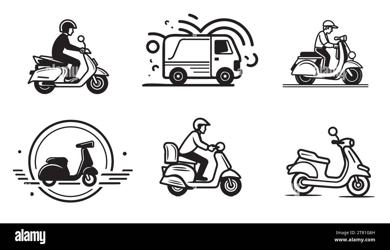 Employee riding delivery bike hand drawn outline doodle icon. Motorbike ...