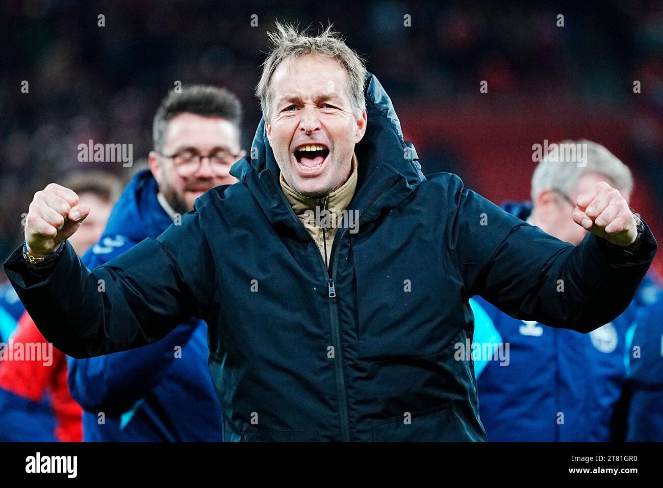 Danish coach Kasper Hjulmand celebrates after winning against Slovenia ...