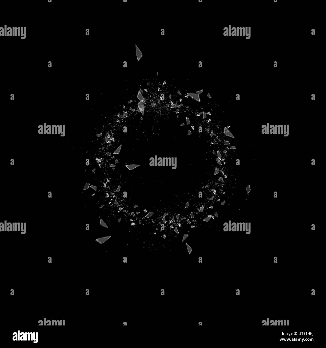 Shattered black glass: sharp Pieces and hole over black background ...