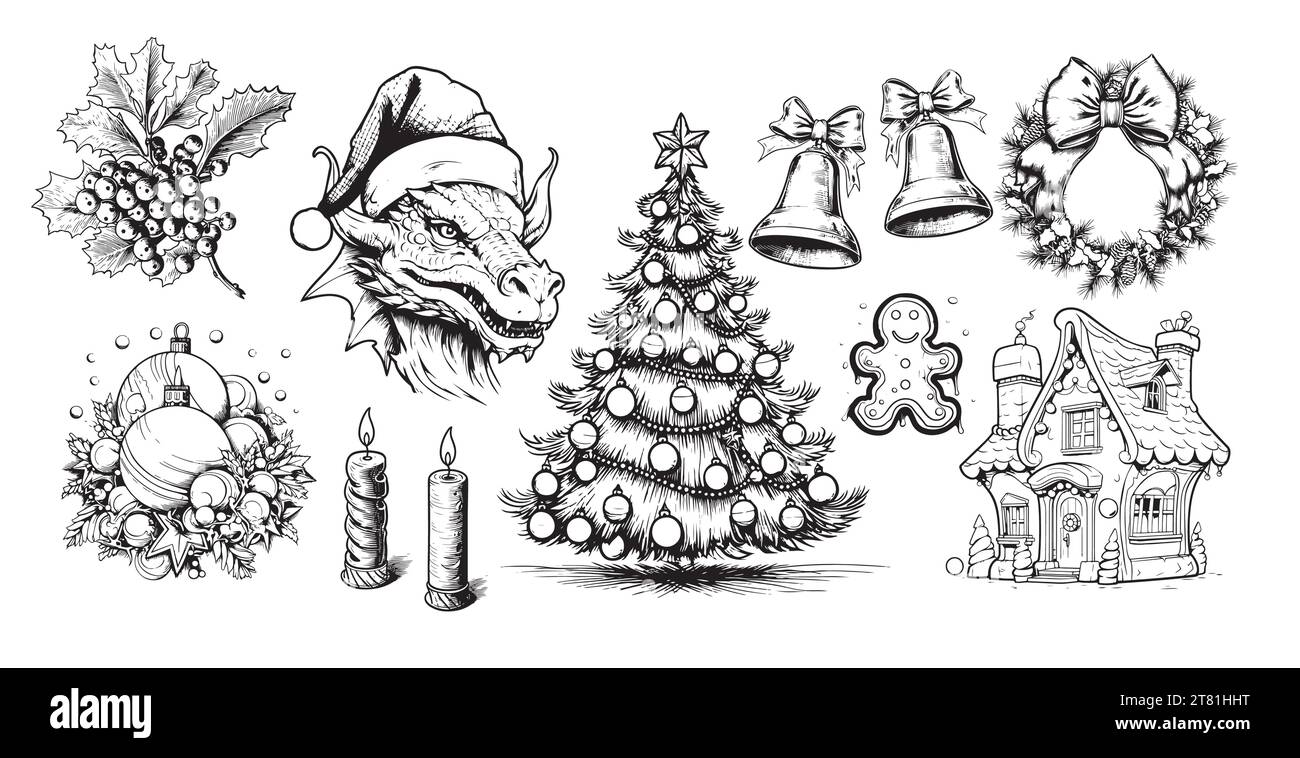 Christmas hand drawn decorations, vector elements. Traditional ...