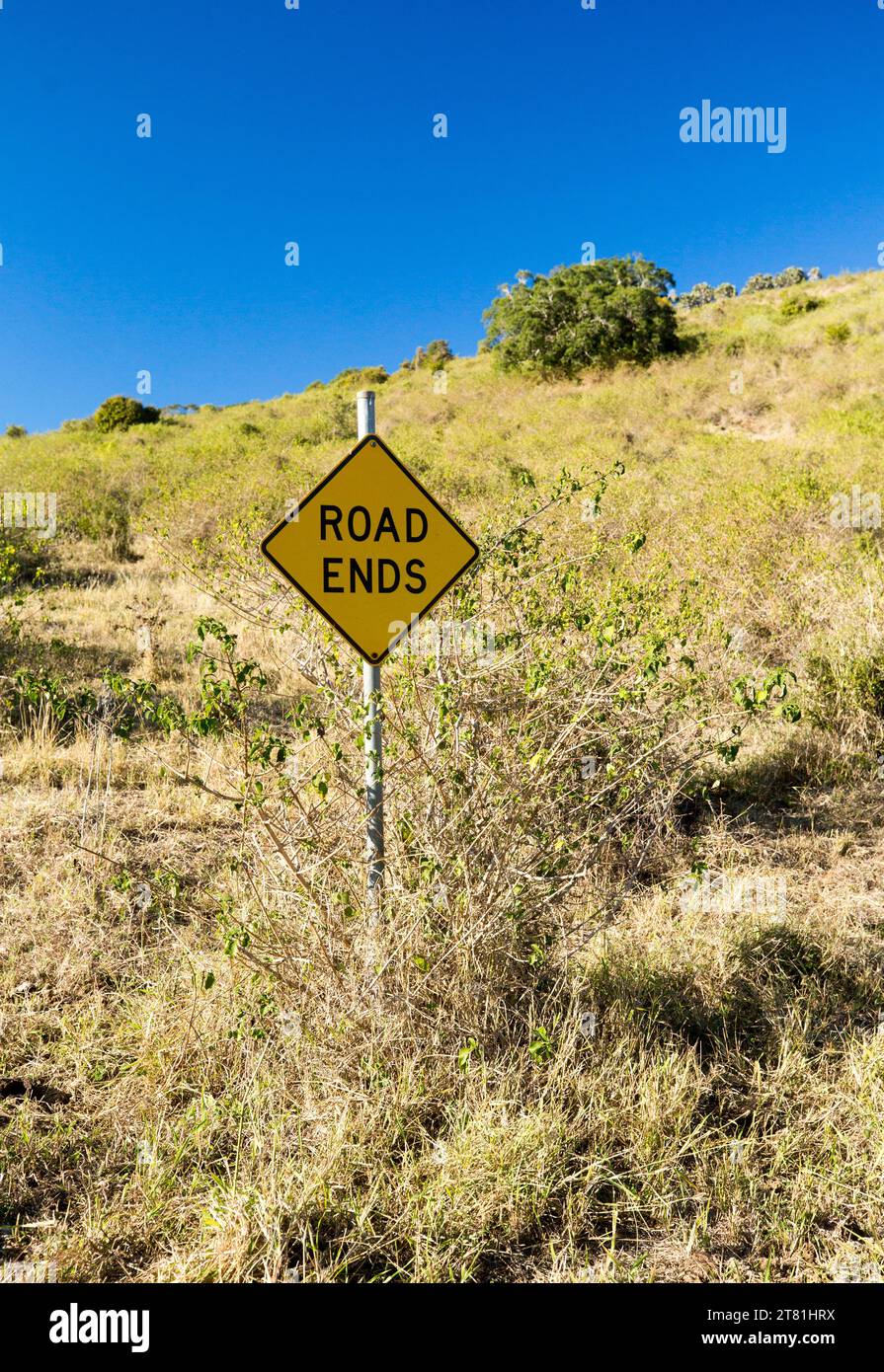 Road sign, indicating the end of a road, among grass on hillside with ...
