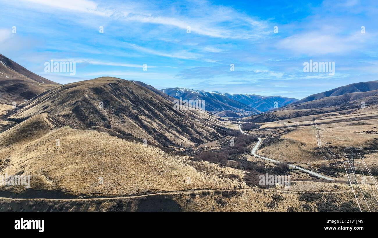 Drone perspective photo of the extreme terrain of the Lindis Pass ...