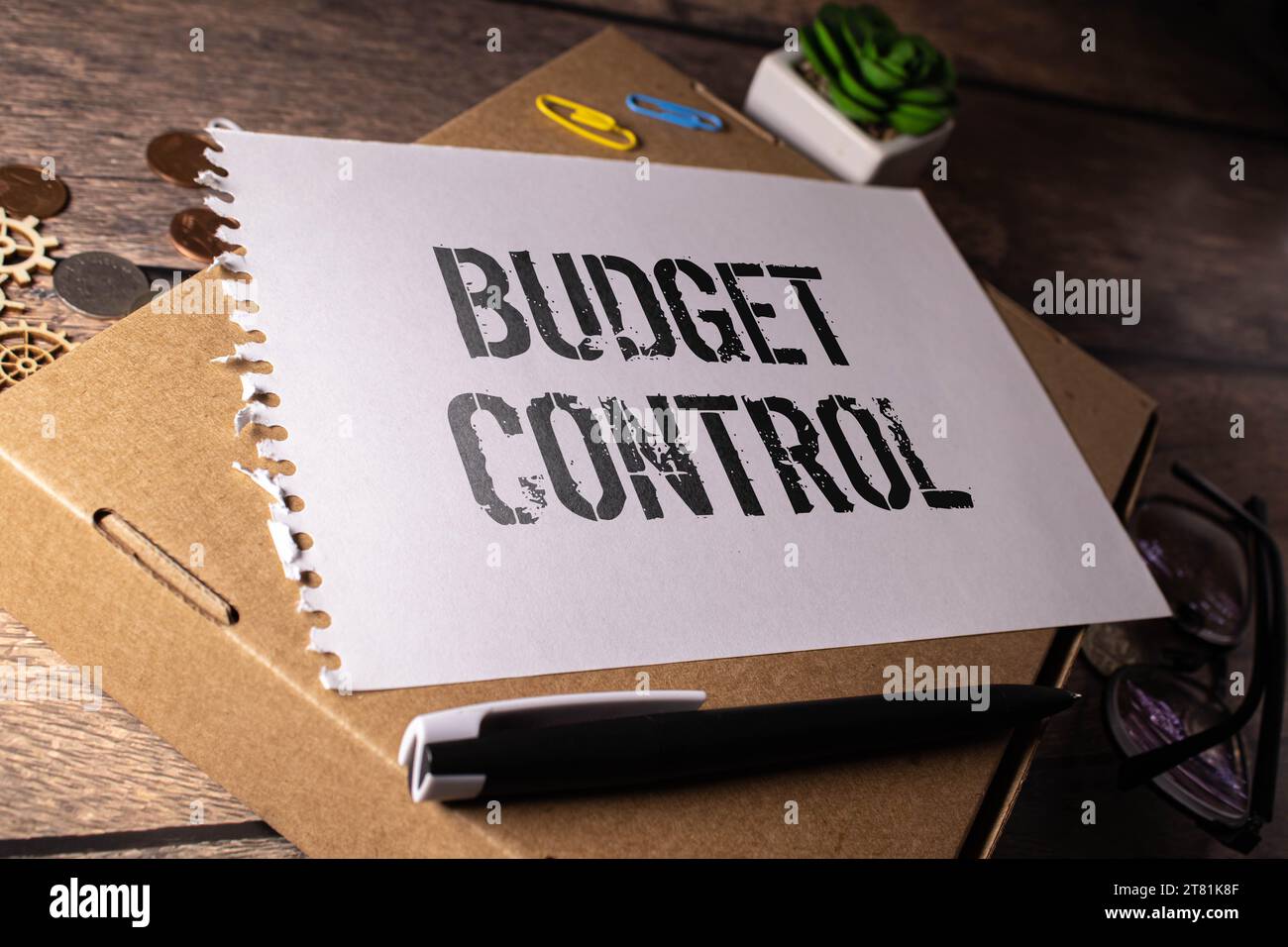 Budget Control. Burning sheet of paper with text on a rusty metal ...