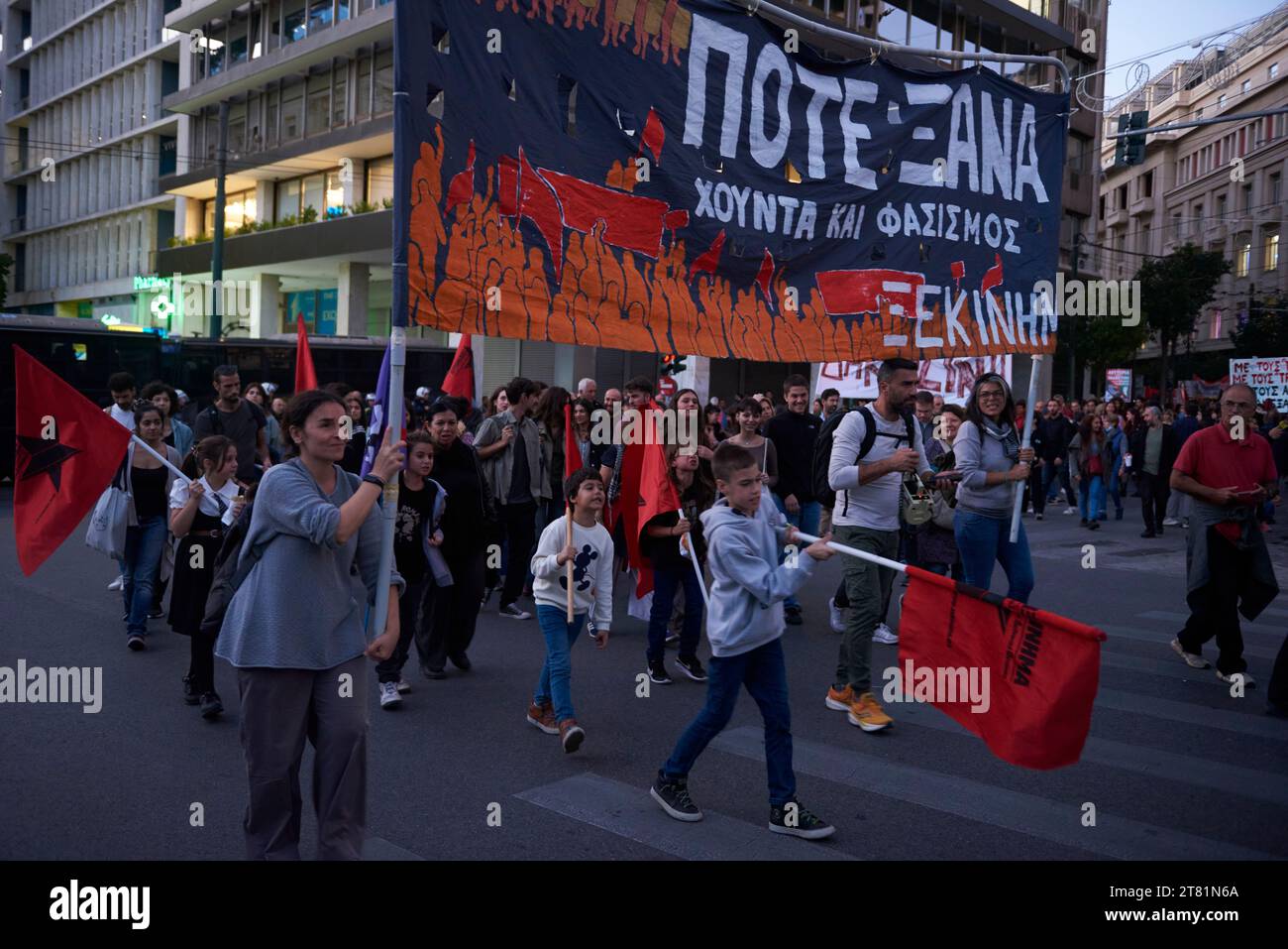 Athens, Greece. 17th Nov, 2023. Protesters march shouting slogans ...