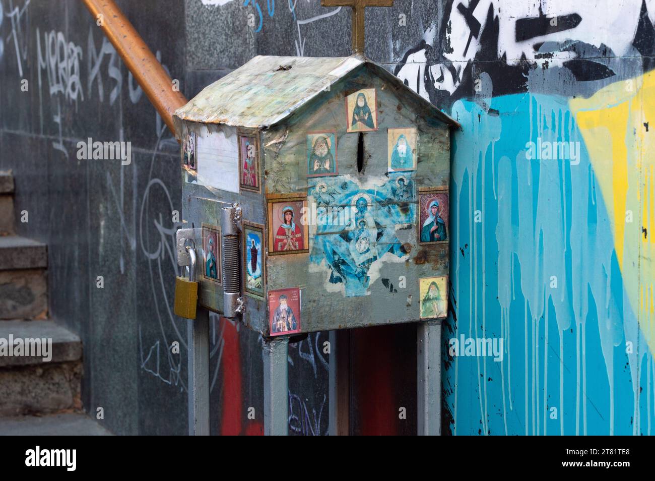 Orthodox Christian Church charity metal box with various saints icon ...
