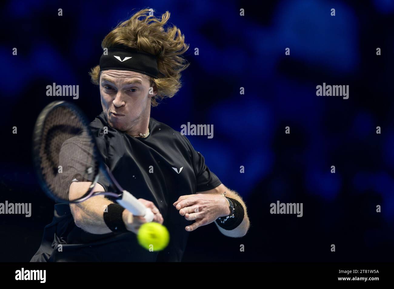 Turin, Italy. 18 November 2023. Andrey Rublev of Russia plays a ...